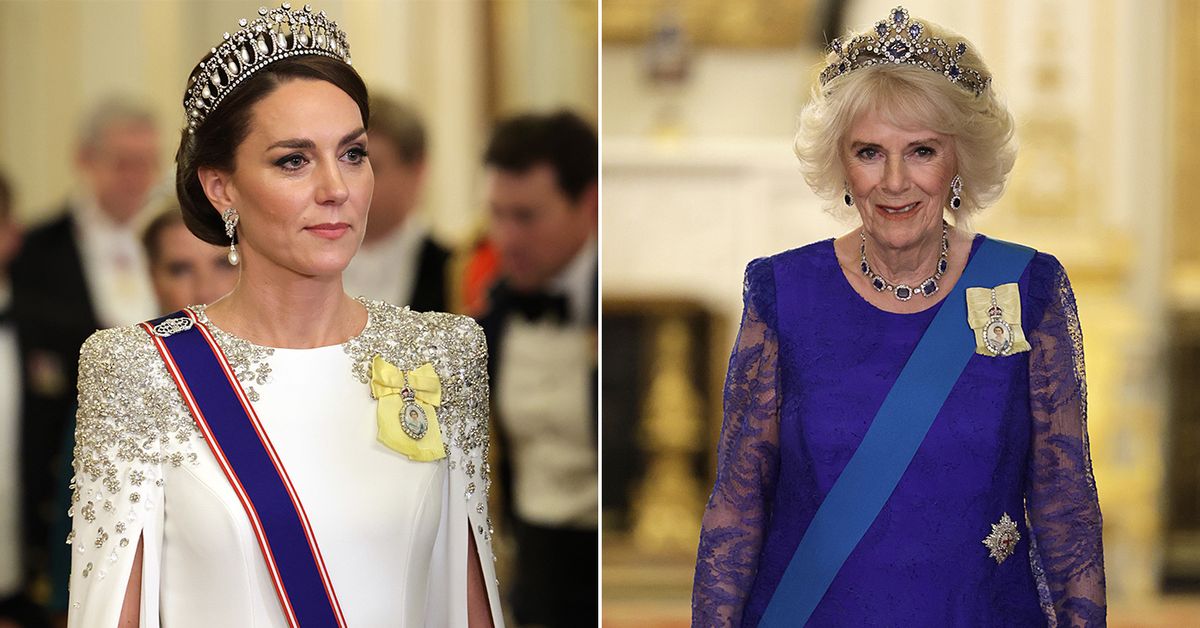 Camilla wears Queen Elizabeth tiara at state banquet inside Buckingham ...