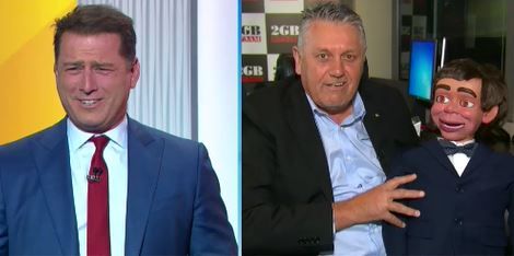 Ray Hadley shows Karl Stefanovic his ventriloquist skills